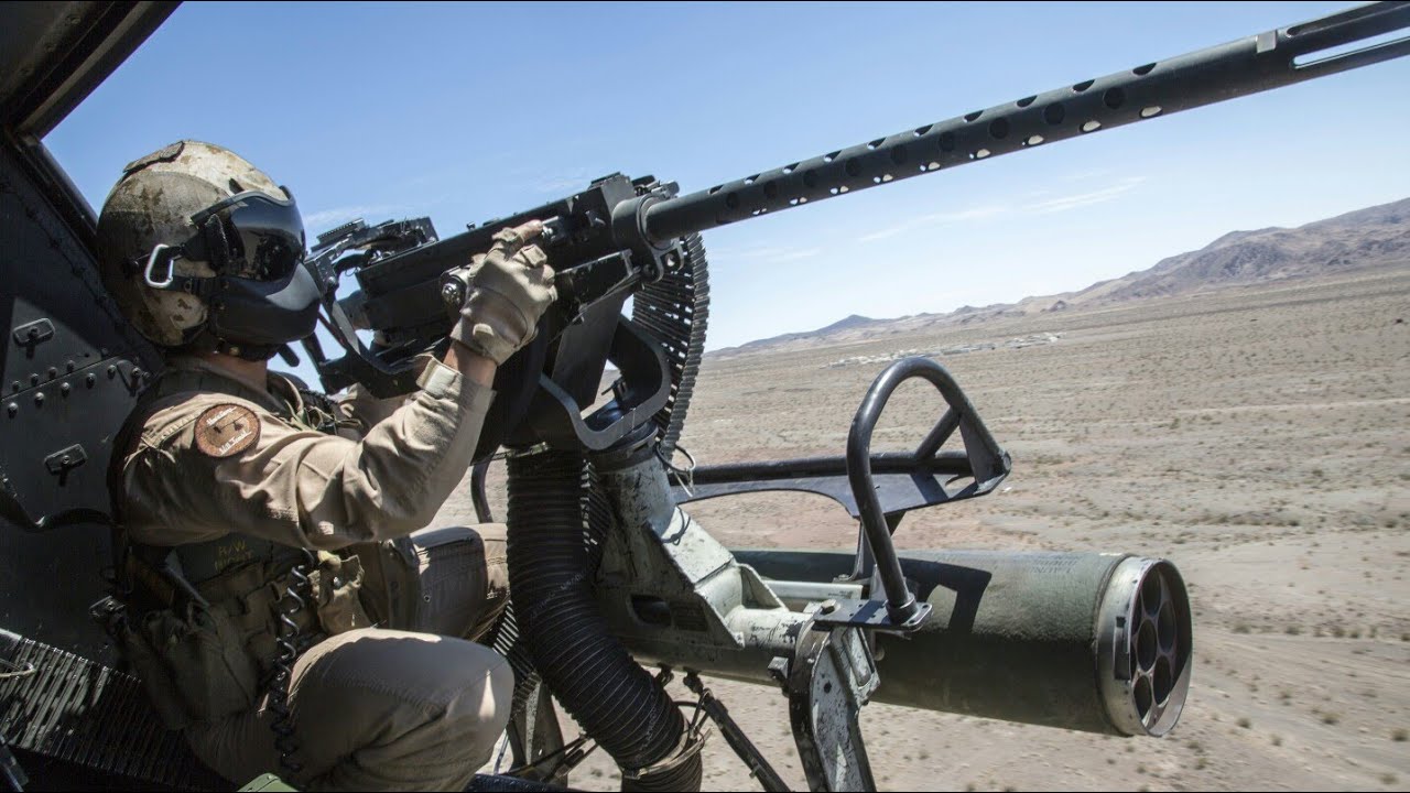 U.S. Marines Exercise Use UH-1Y Huey Helicopter Door Gunners Hunt and ...